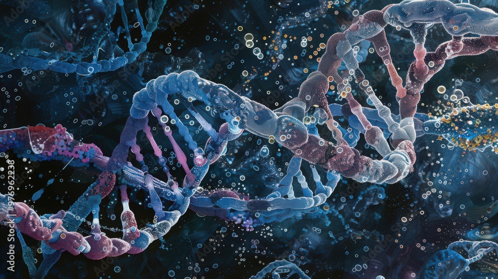 Artistic representation of DNA mutations, showing how changes in base ...