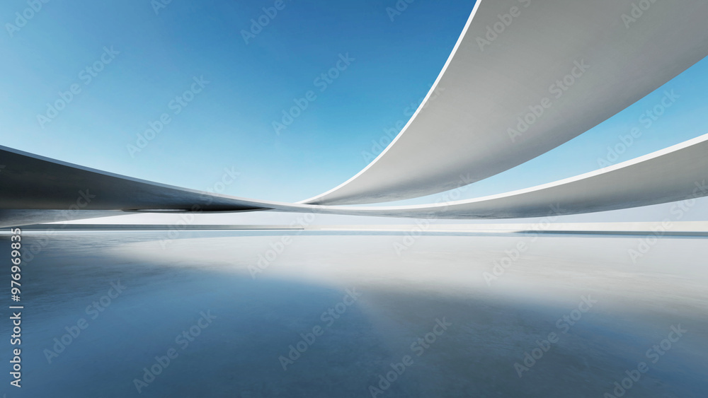 3d render of abstract curve structure futuristic architecture with empty concrete floor Stock ...