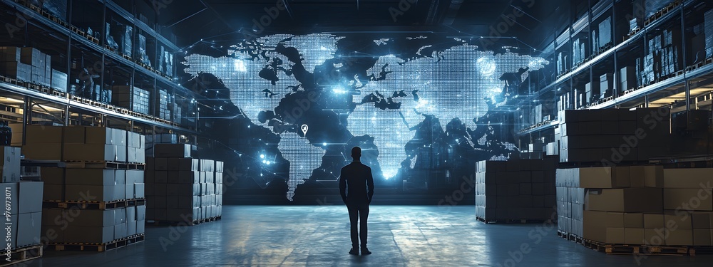 n industrial warehouse with an AR digital map of the world floating ...