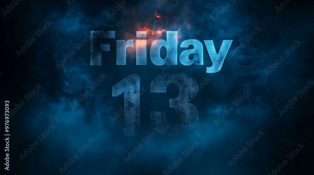 Digitally rendered "Friday 13" text glowing in blue mist, for scary ...