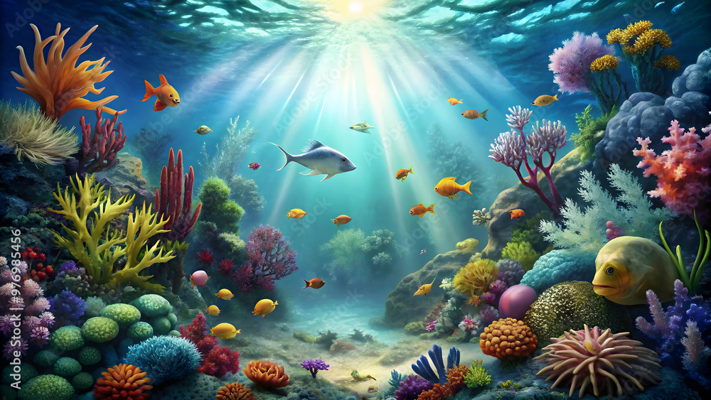 Underwater scene featuring a variety of sea creatures and plants in a ...