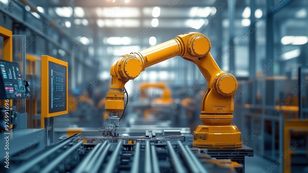 Robotic arm assembling in high-tech manufacturing plant. Yellow robotic ...