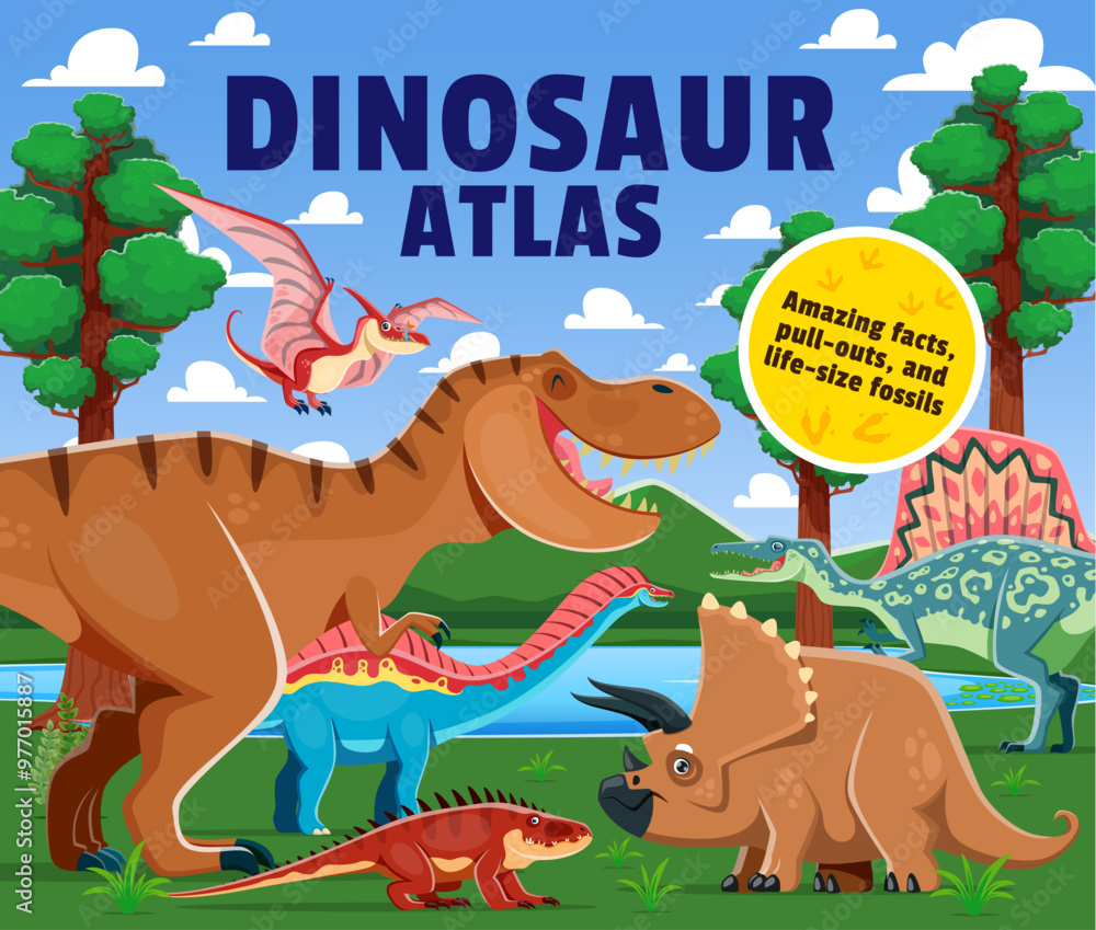 Dinosaur atlas book cover with Jurassic dino and prehistoric lizards ...