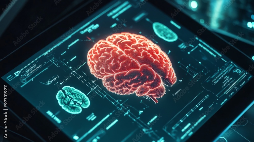 A close-up of a brain diagram on a tablet or digital device, with ...