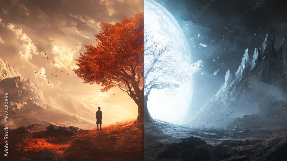 Dual-themed split-screen layout with one side featuring warm, earthy ...