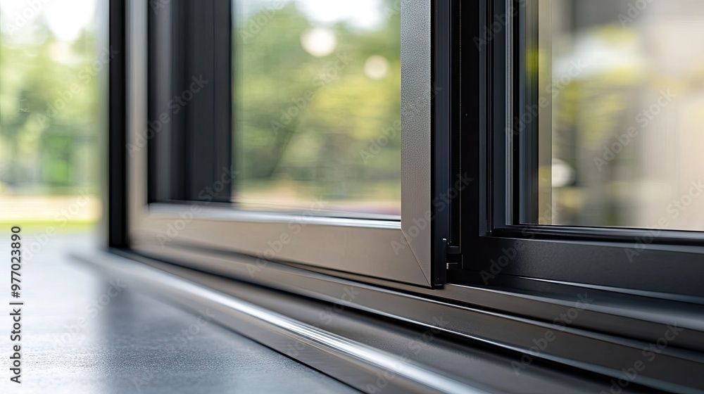 A close-up of a black aluminum window frame with double-glazed glass, showing the sharp, precise ...
