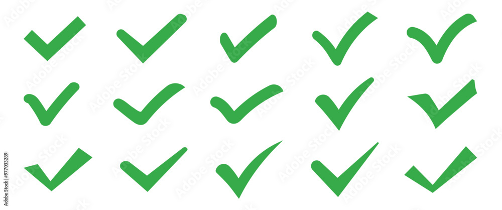 Green check mark icon set. Check marks symbol collection. Tick symbol in green color. Hand-drawn ...
