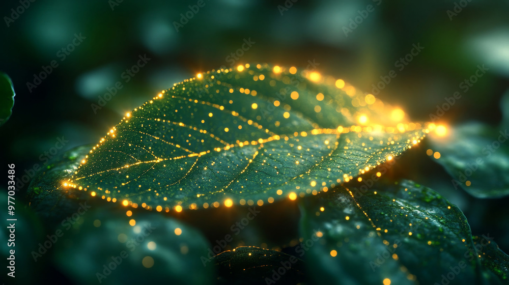 Green leaf covered in glowing particles is representing the fusion of ...