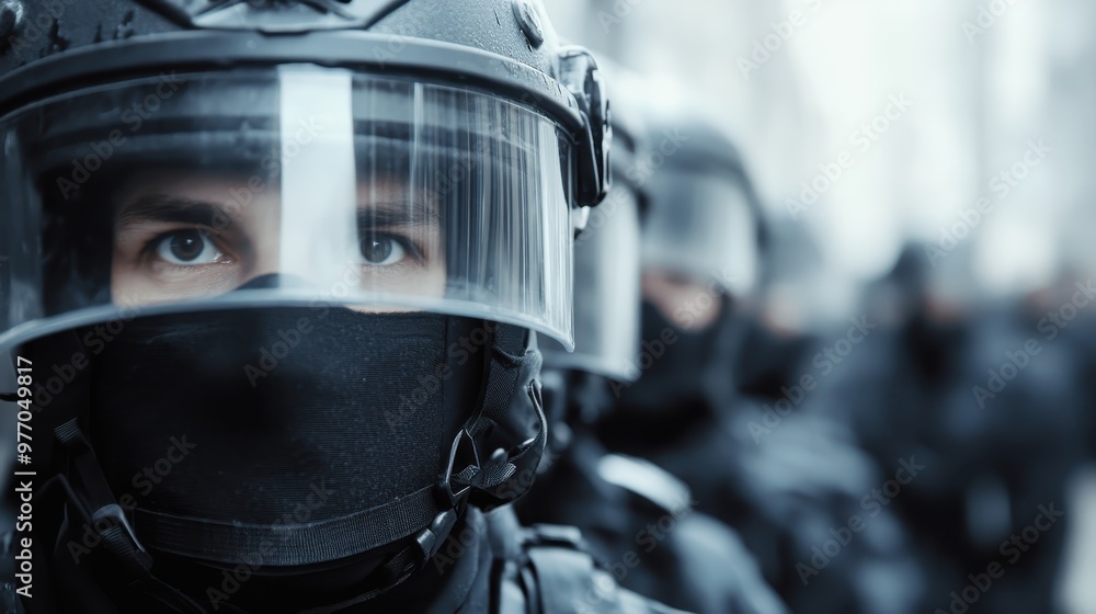 A lineup of police officers equipped with helmets and protective visors ...