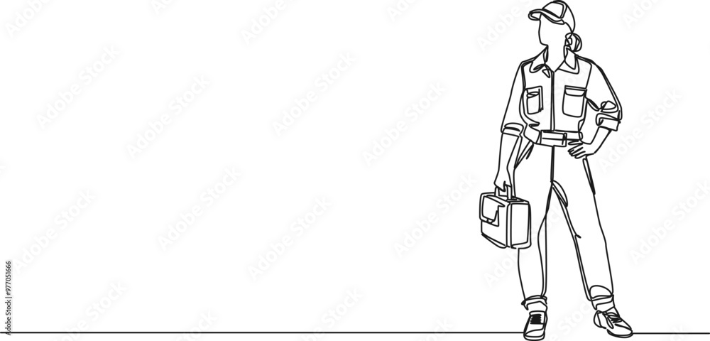 continuous single line drawing of female mechanic or craftswoman with ...