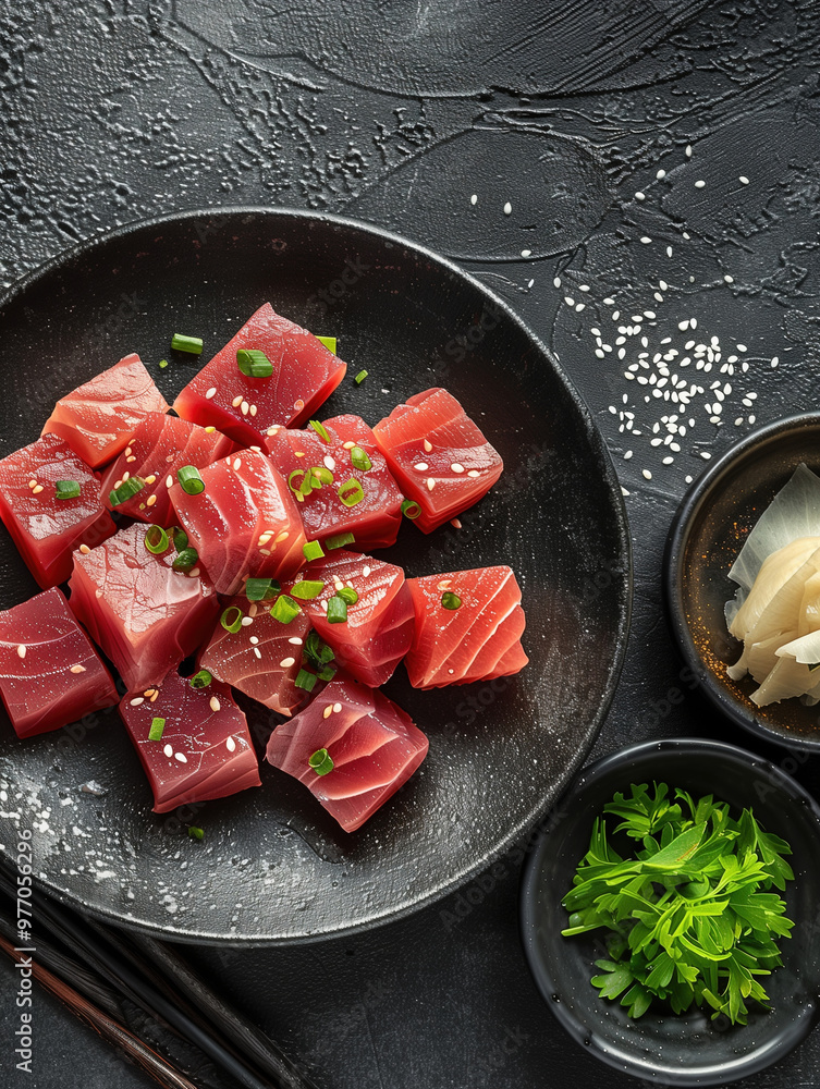 Japanese seared Akami sashimi, Sashimi Akami dark background, detailed ...