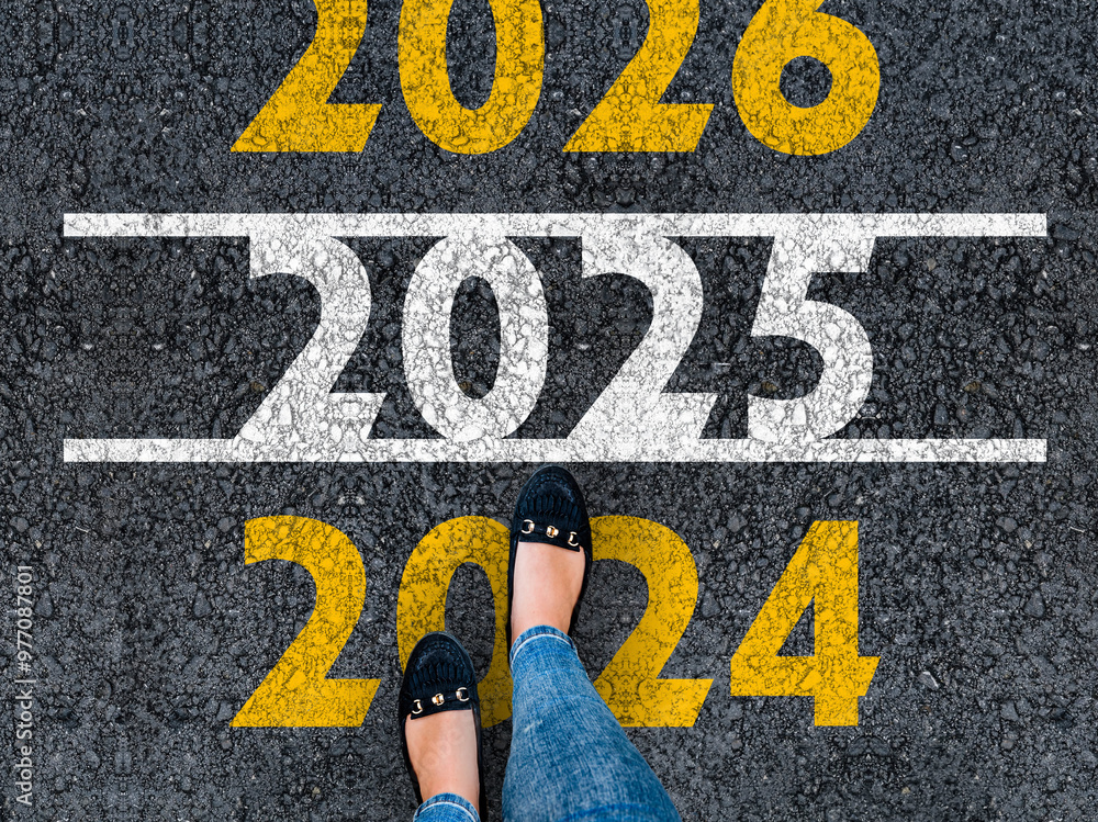 happy new year 2025. lets start 2025. woman legs in shoes walks on ...