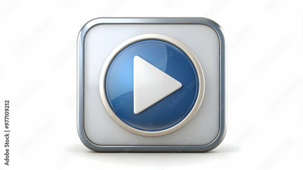 Blue play button icon, white arrow, circular frame, square border ...