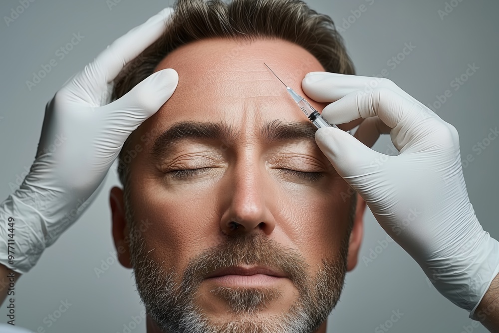 A handsome middle age man receiving a forehead treatment from a doctor ...