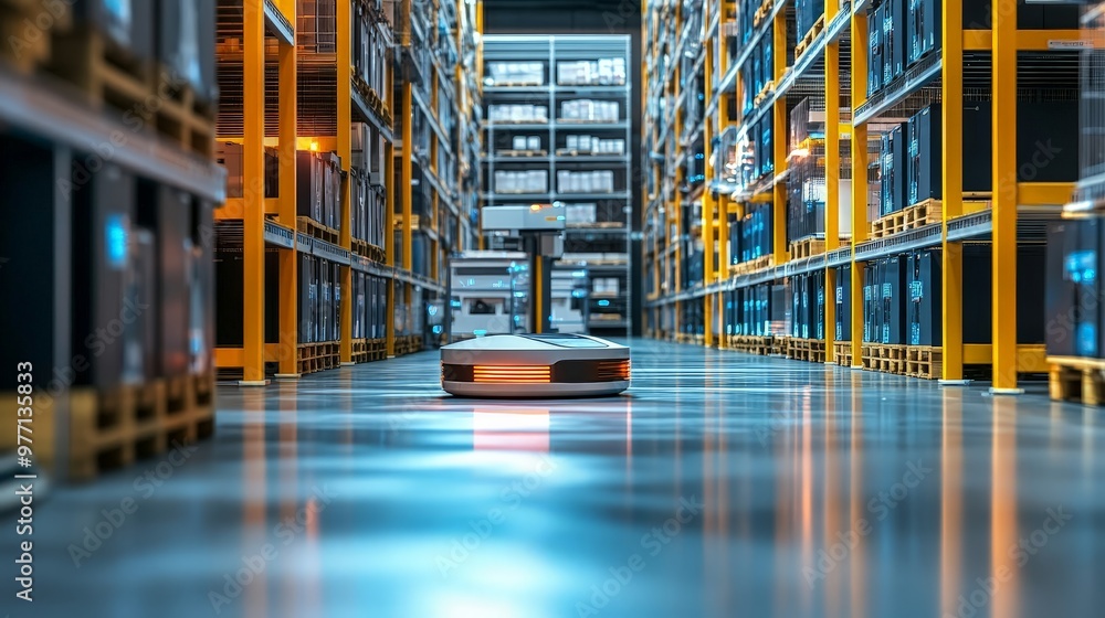 Detailed view of autonomous robots in a modern warehouse with high ...