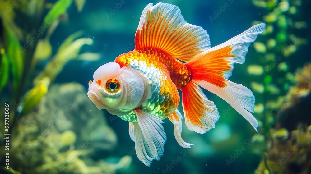 In the aquarium fish tank, the Oranda goldfish's vibrant hues and ...