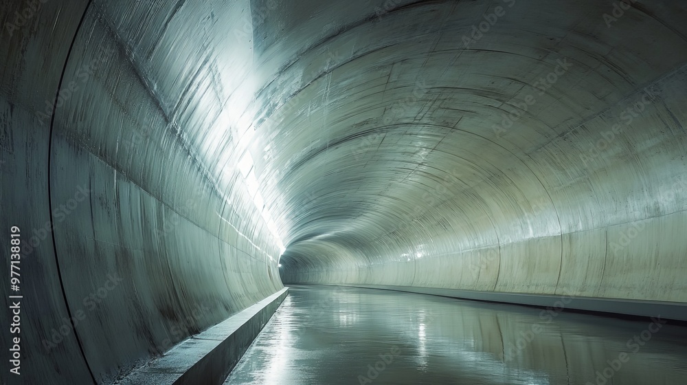 Inside a large, curved tunnel for underground water drainage, the ...