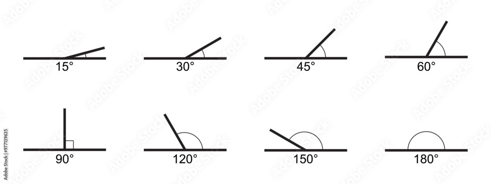 Set of angle degree icons. Collection of variuos protractor values ...