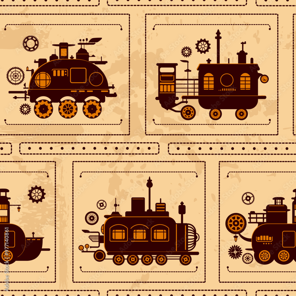 Seamless pattern with steam engine machines. Tiling pattern with ...