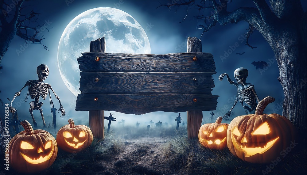Spooky Graveyard Party Sign Amid Glowing Jack O Lanterns with ...