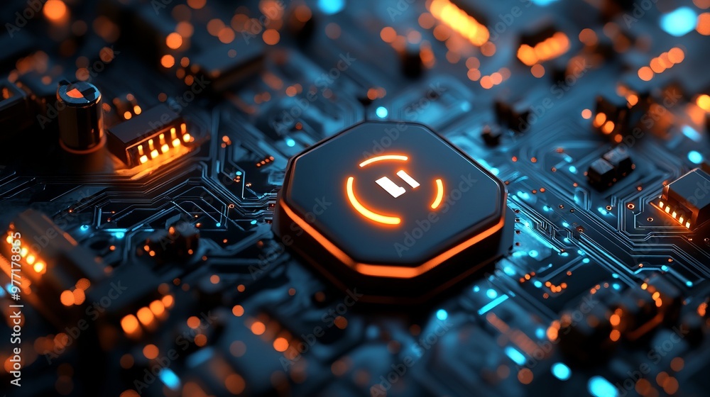 A power button on a digital semiconductor. AI chip with power icon or ...