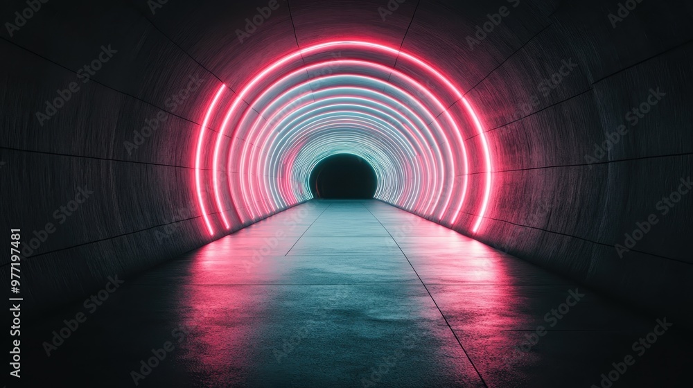 An entrance to a modern tunnel highlighted by vibrant neon pink arcs ...