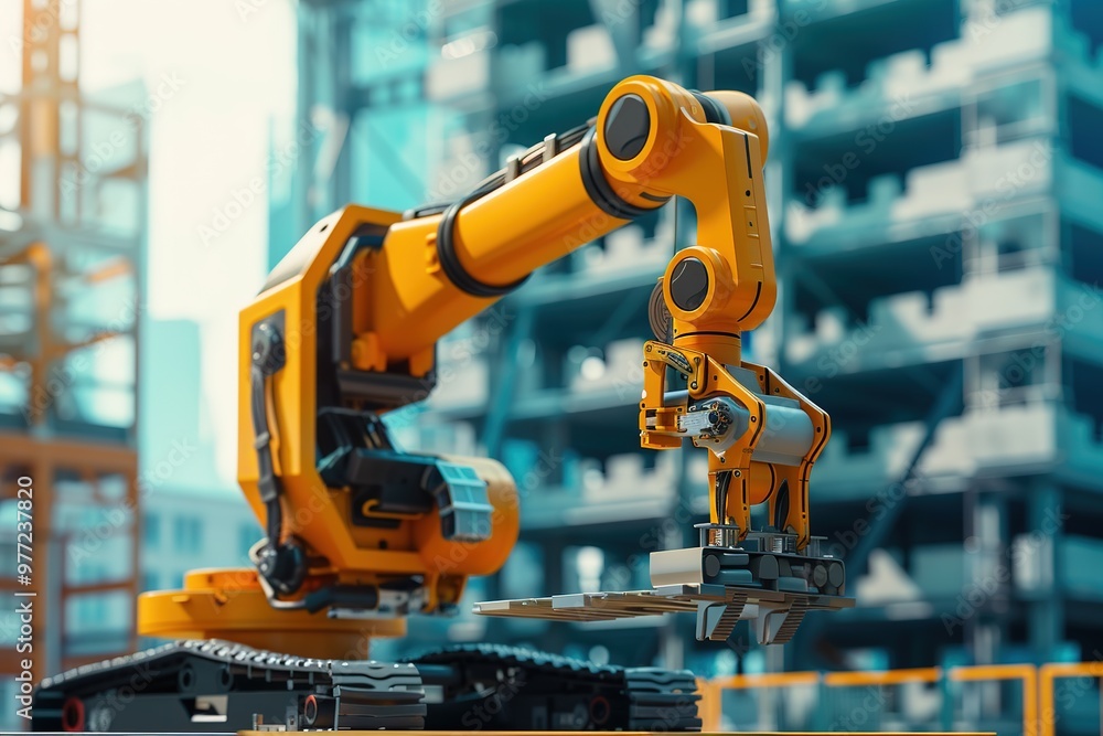 Robotic arm working at a construction site, handling materials with a ...