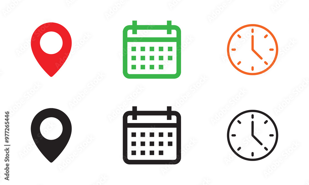 Address location icon. Stopwatch timer icon. Date Calendar icon Stock Vector | Adobe Stock