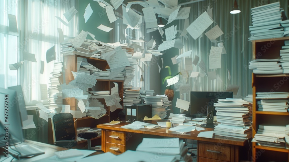 A messy office scene with papers and documents scattered everywhere ...