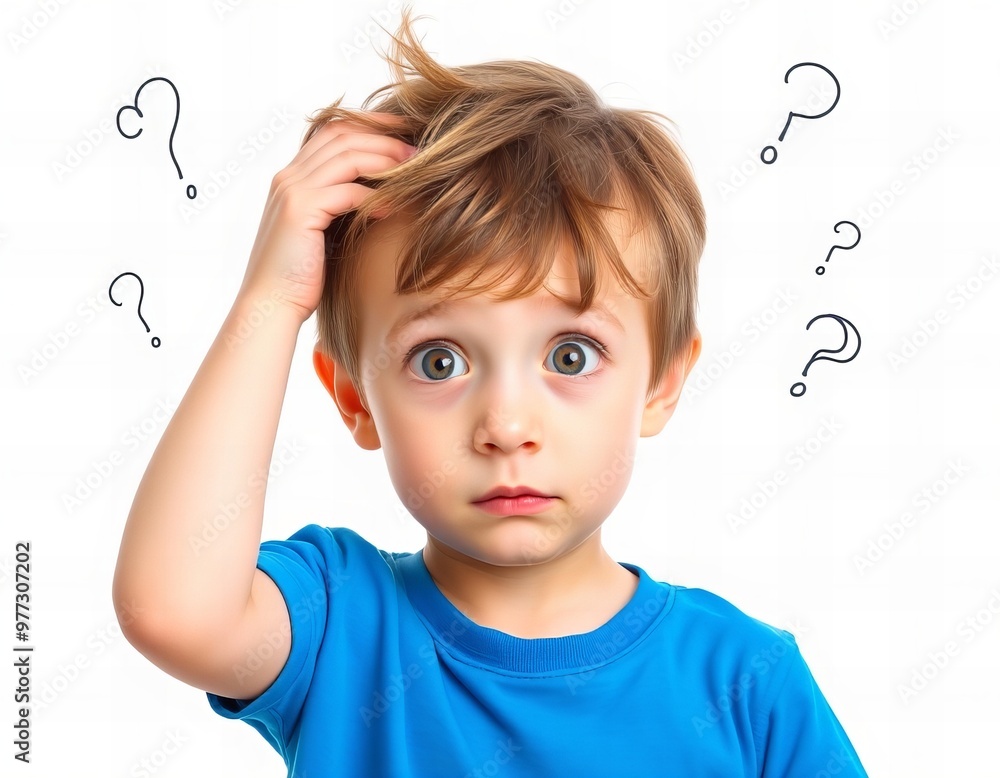 child with question marks on his head and a question mark on his ...