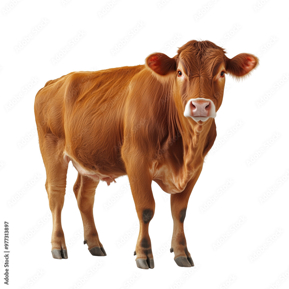 Full-length animal portrait of brown cow standing isolated on white or transparent background ...