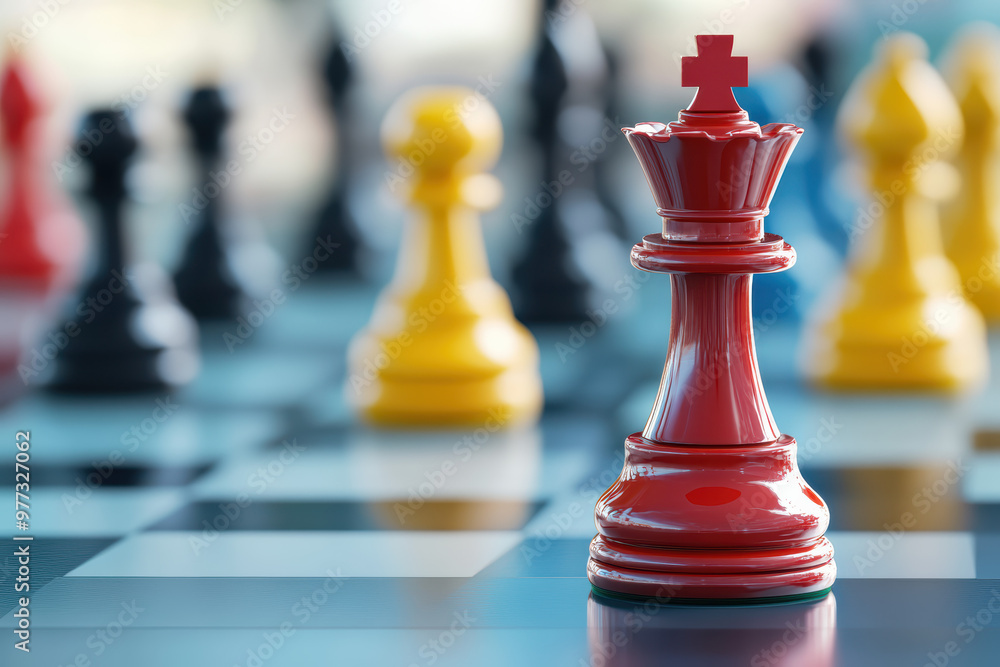 Colorful chess set with a red king in focus on a blue board, depicting ...