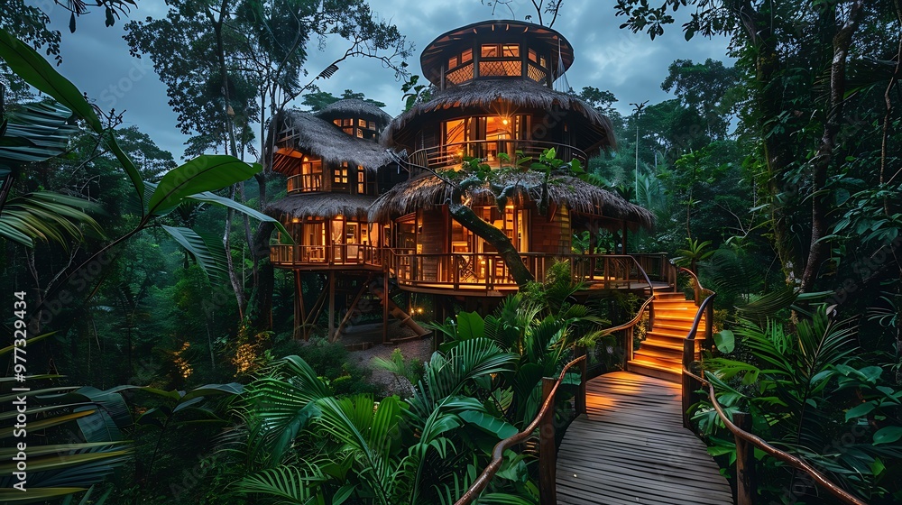 Luxury treehouse resort in tropical rainforest canopy: A series of ...