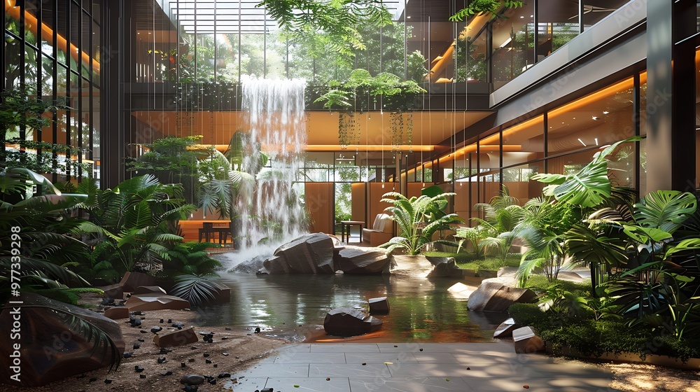 Stock-Illustration „Biophilic office building with indoor waterfall: A ...