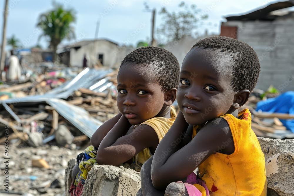 Two children sit in a demolished urban area, showcasing their silent ...