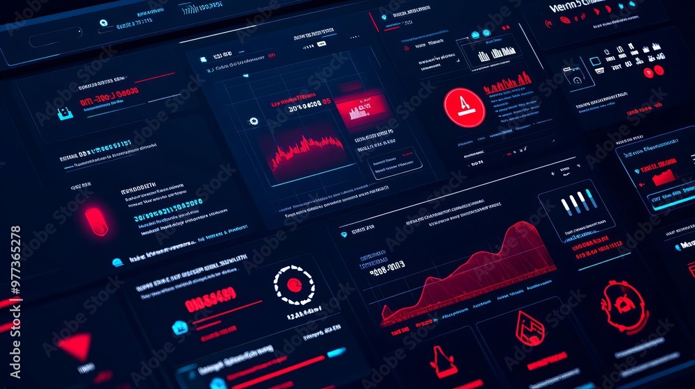 Cybersecurity software UI, dark theme with red and blue accents, clear ...