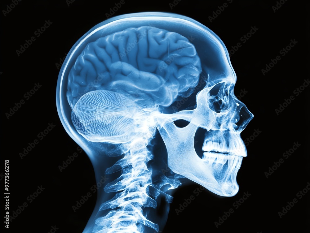 Lateral X-ray image of a human skull revealing detailed anatomical ...