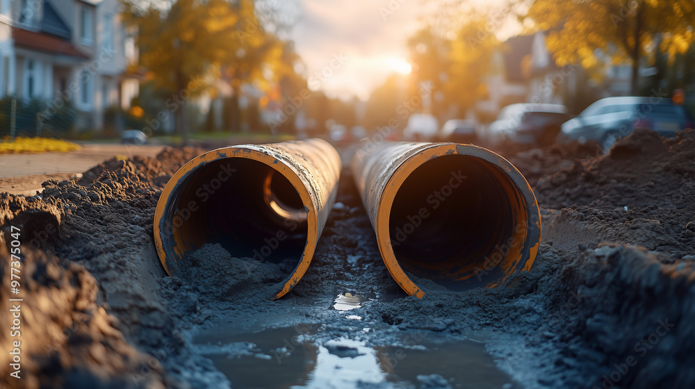 Installation of a sewage pipes in the street by public works to give ...