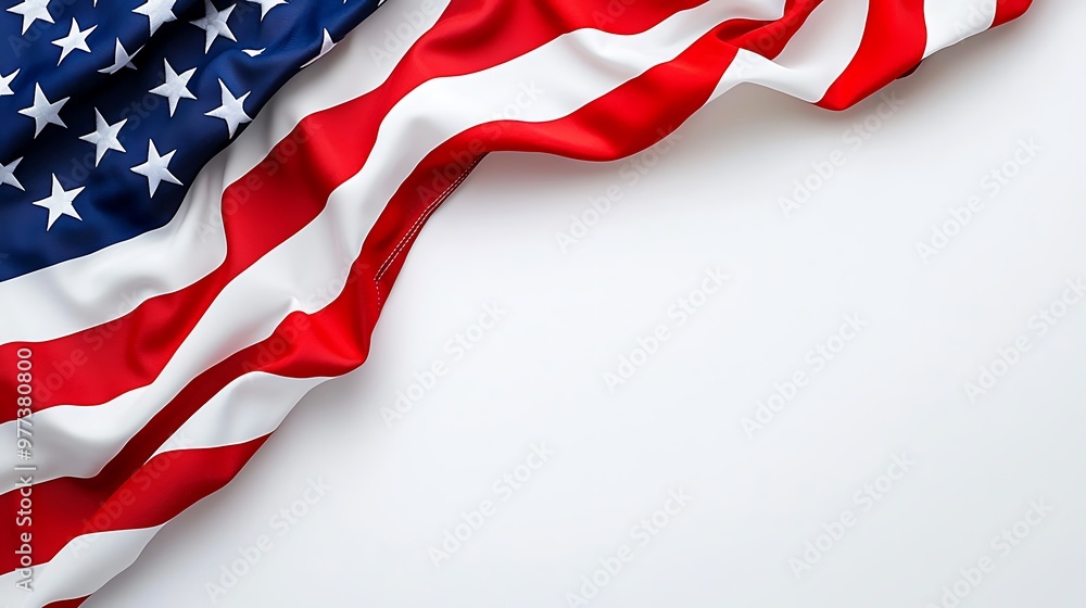 The American flag forms a corner border on a white background, a ...