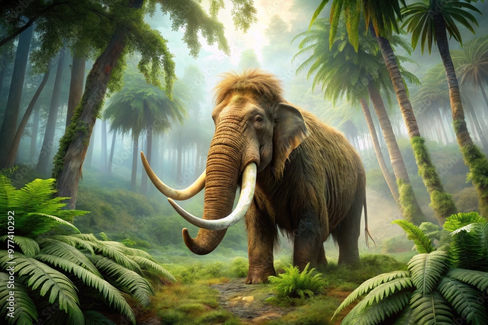A massive, shaggy mammoth with curved tusks and a wrinkled hide roams a ...