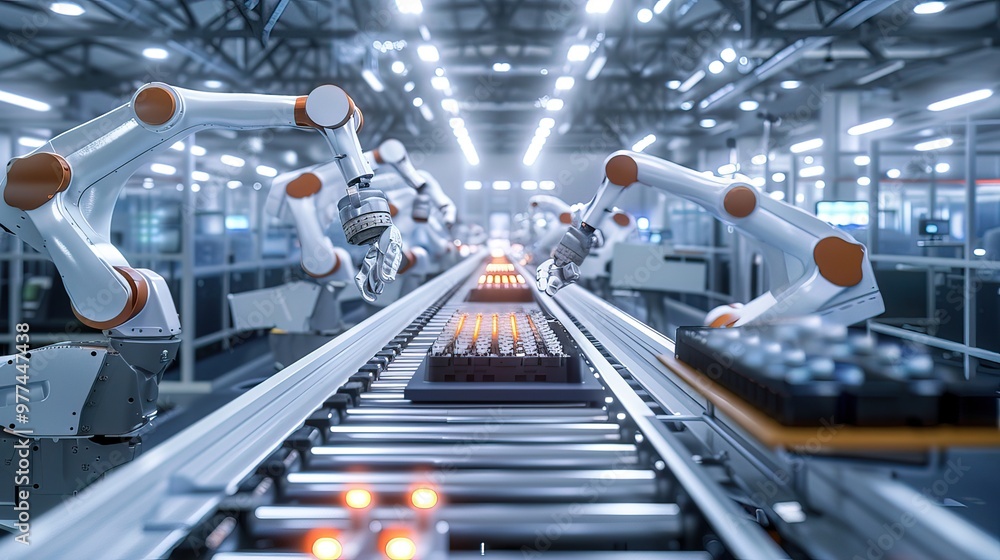 Advanced electric vehicle battery production line with robotic arms ...
