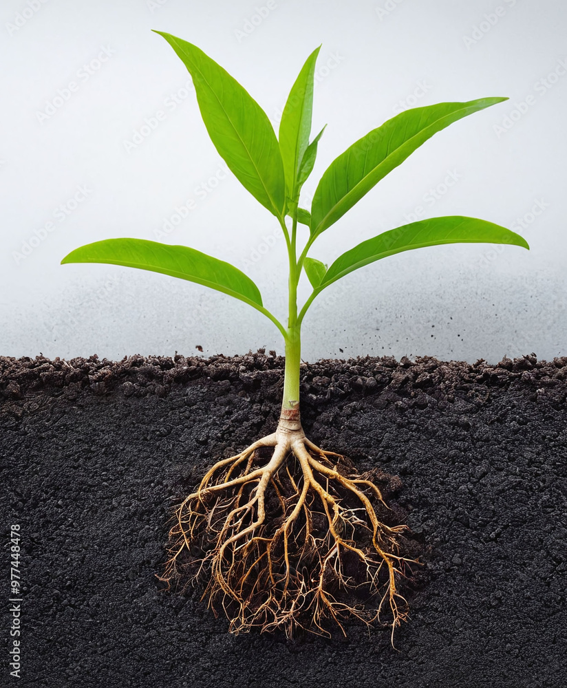 side view growing small green sprout that exposed upper and underground ...