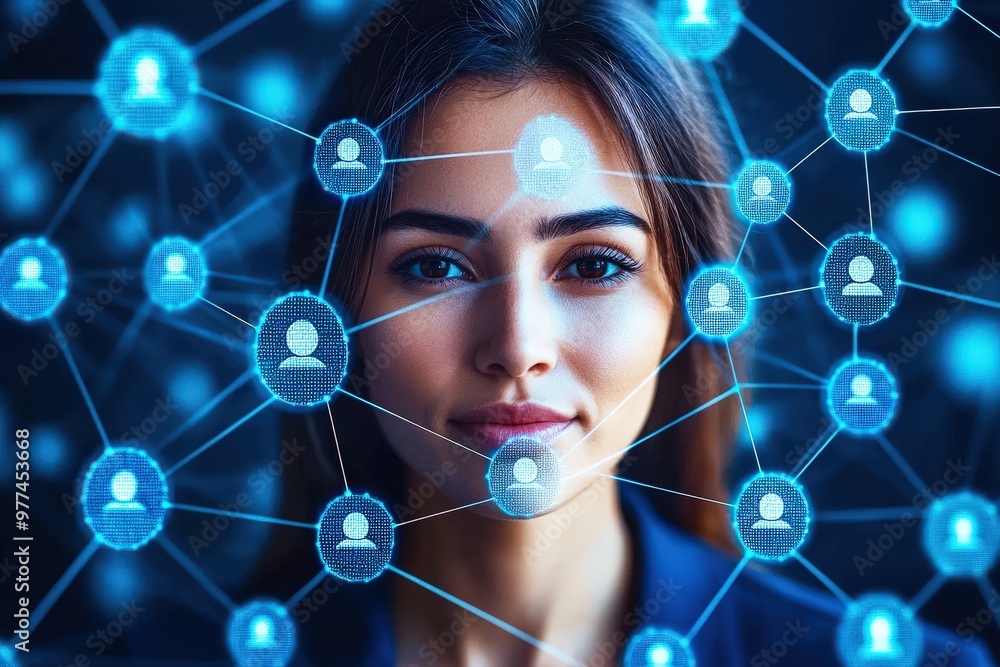 Connected Woman in Digital Network: A young professional confidently ...