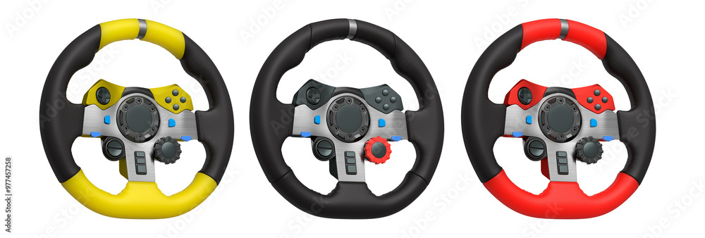Set of racing game steering wheels isolated on white background with ...
