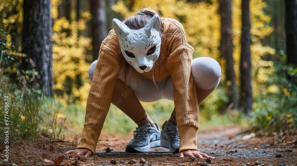 Teenage girl wearing a white animal mask crouching on all fours in a ...