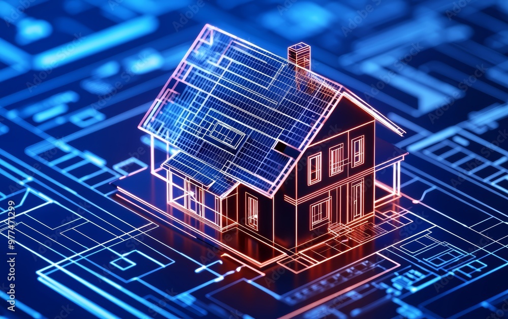 A glowing architectural model of a house on a digital platform, with ...
