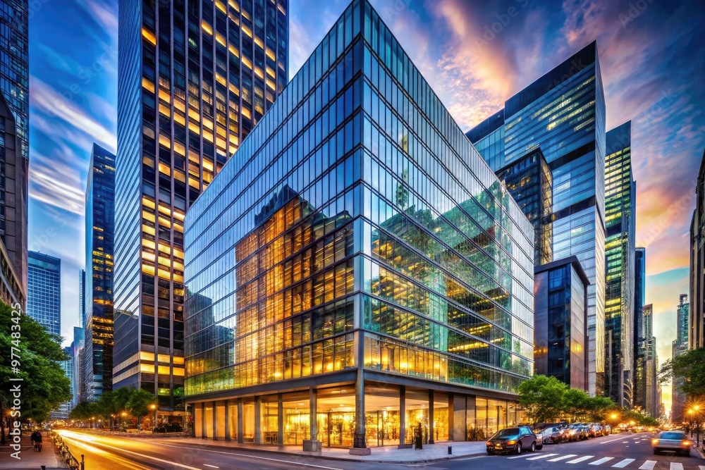 Modern Manhattan office building with sleek glass and steel façade ...
