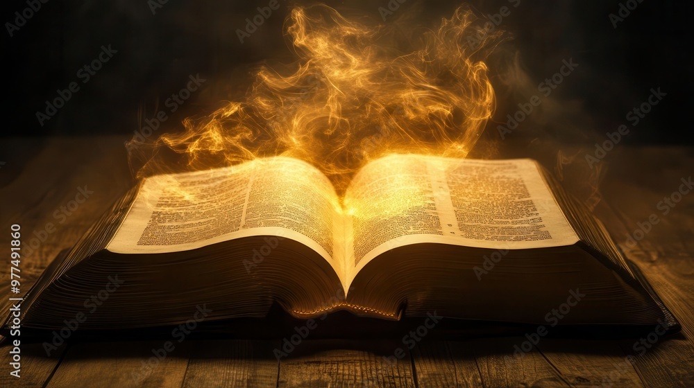 Abstract Bible with pages that turn into light, symbolizing the living ...