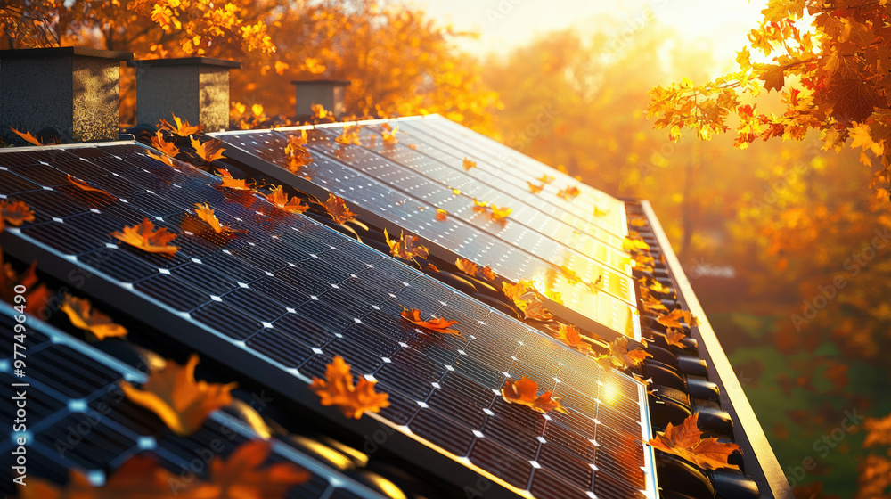 Rooftop covered with solar panels, surrounded by autumn leaves ...