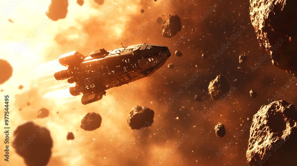 Asteroid and Spacecraft: A futuristic spacecraft navigating through a treacherous asteroid field ...